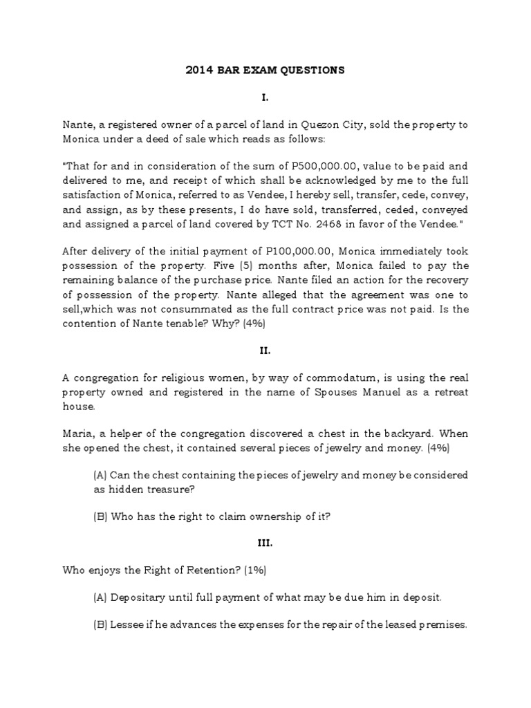 2014 Bar Exam Questions | PDF | Lease | Civil Law (Common Law)