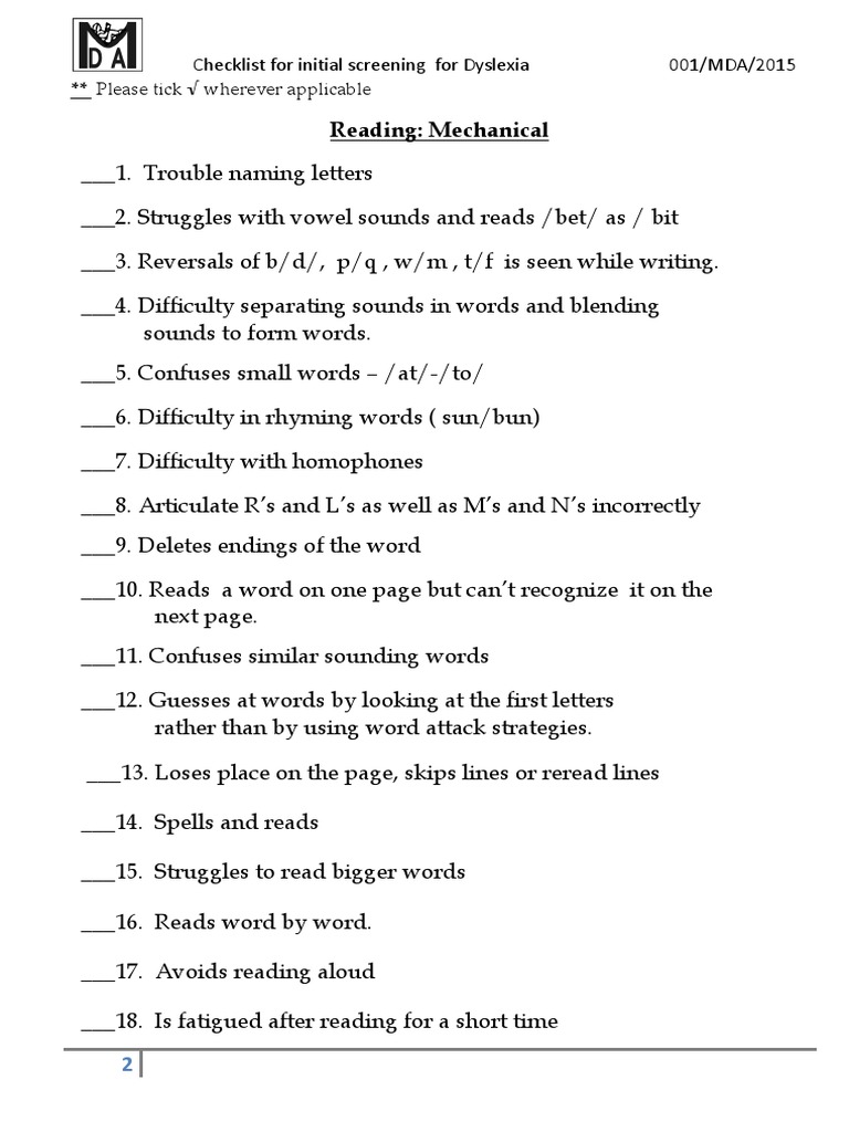 Checklist For Initial Screening For Dyslexia | PDF | Dyslexia ...
