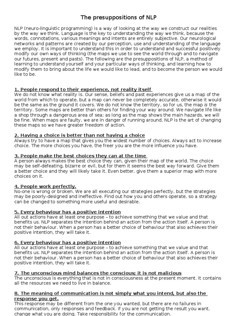 The Presuppositions of NLP | PDF | Neuro Linguistic Programming | Thought The Presuppositions of NLP | PDF | Neuro Linguistic Programming | Thought
