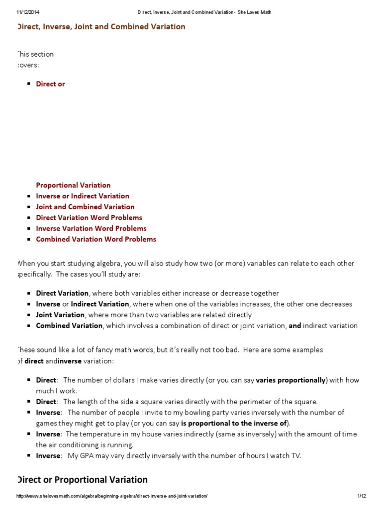 Direct, Inverse, Joint and Combined Variation - She Loves Math | PDF ...