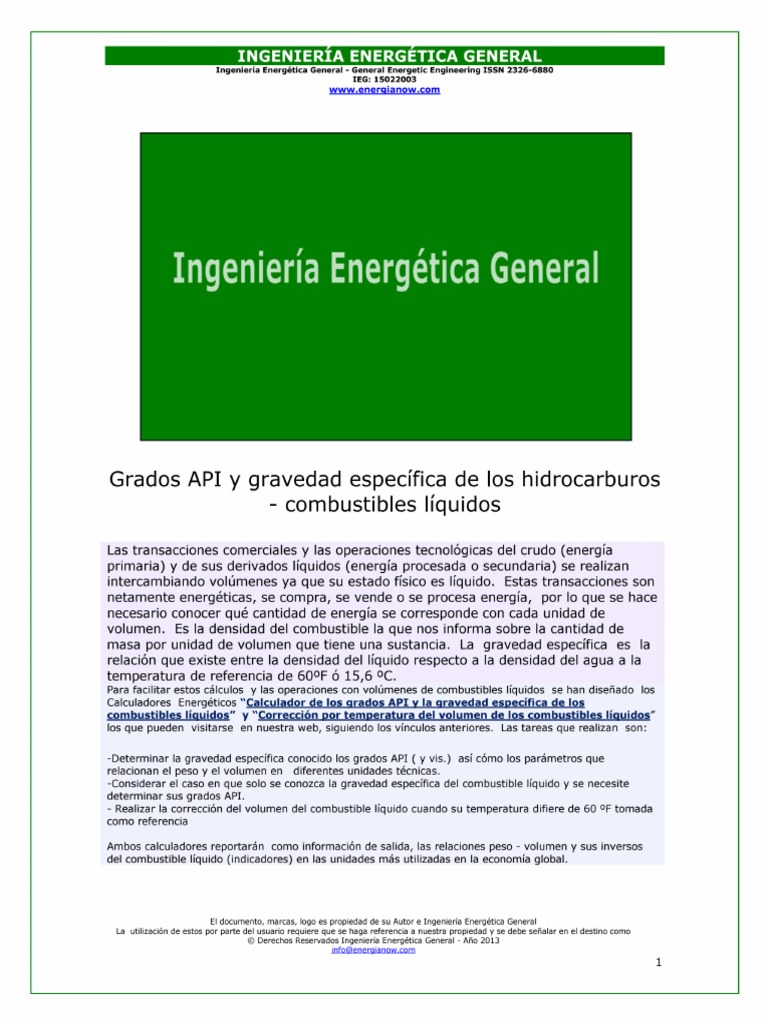 Grados API y Gravedad Específica de Los Hidrocarburos - Combustibles ...