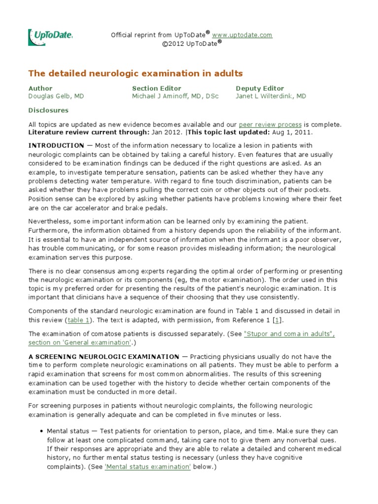 The Detailed Neurological Examination in Adults PDF | PDF | Anatomical ...