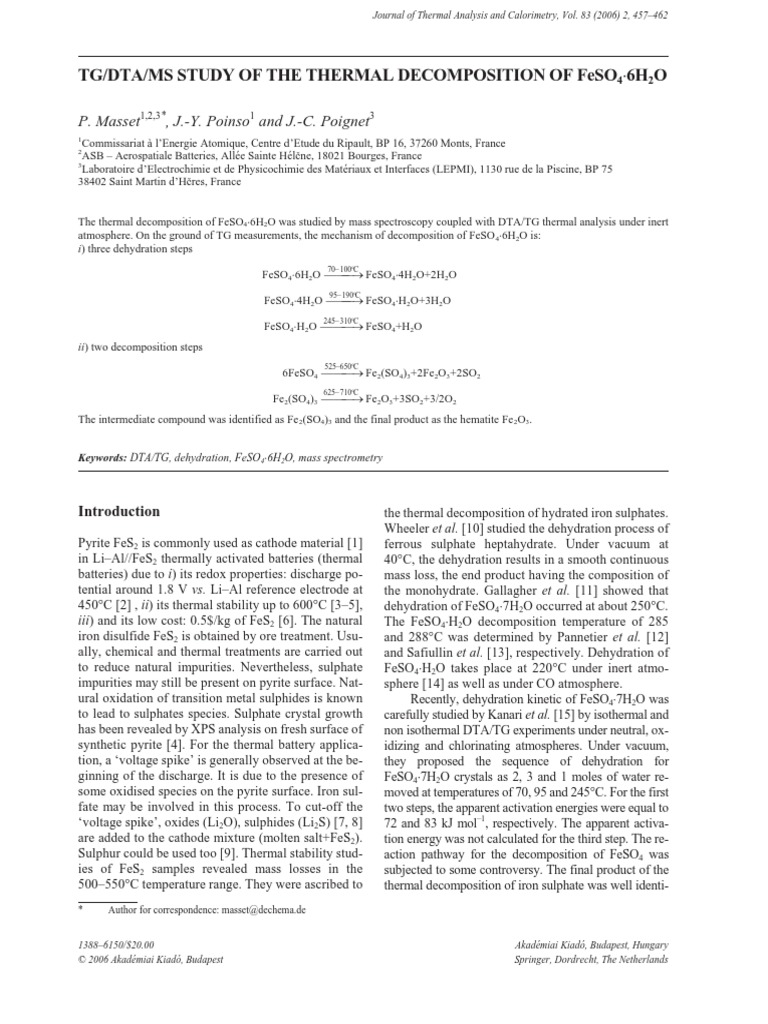TG/DTA/MS STUDY OF THE THERMAL DECOMPOSITION OF FeSO4 6H2O | PDF ...