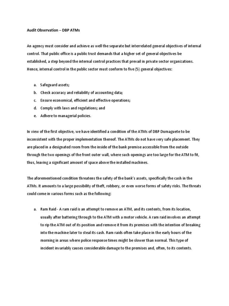 Audit Observation - DBP ATMs | PDF | Automated Teller Machine | Audit