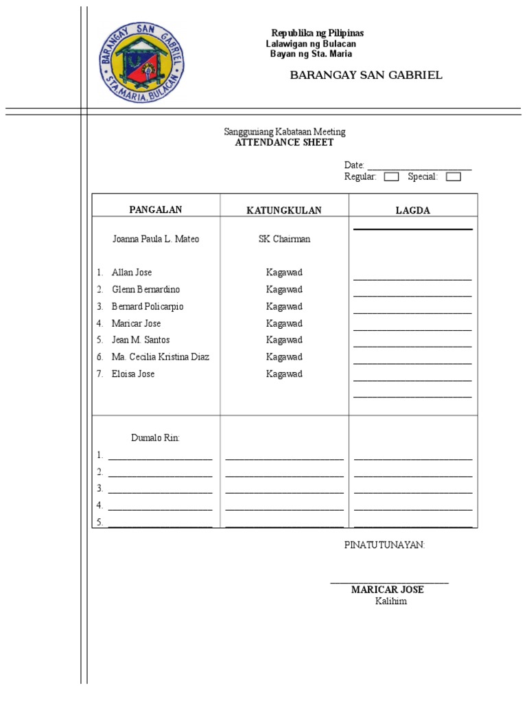 Attendance Sheet-SK Meeting | PDF