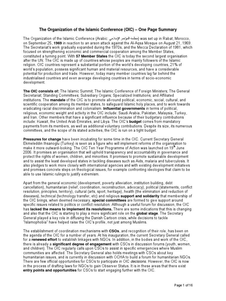 OIC Overview: History and Structure | PDF | Organisation Of Islamic ...