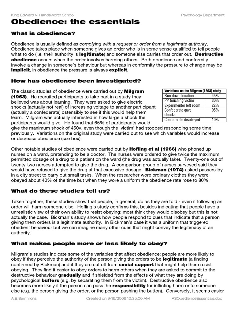 As Obedience Essentials | PDF | Obedience (Human Behavior ...