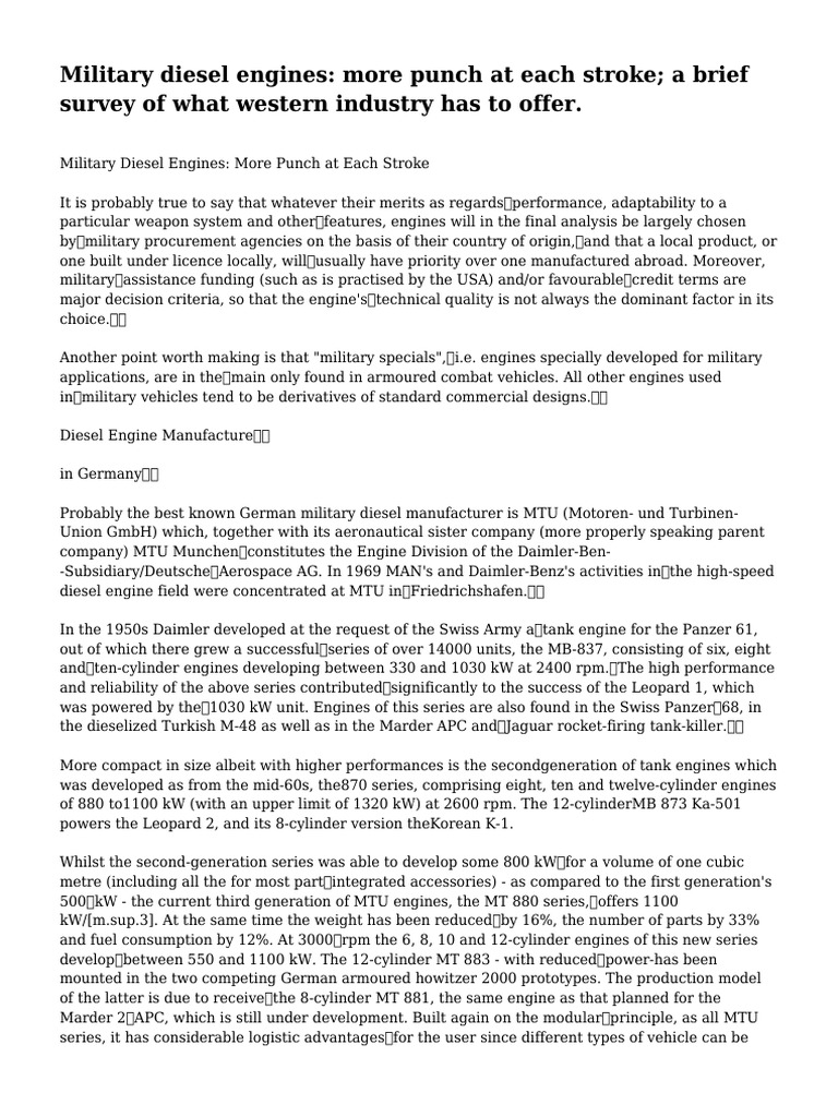 Military Diesel Engines: More Punch at Each Stroke A Brief Survey of ...