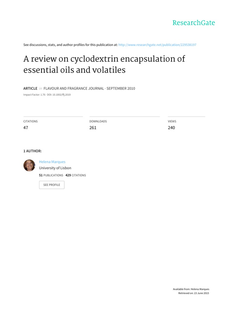 A Review On Cyclodextrin Encapsulation of Essential Oils and Volatiles | PDF | Solubility ...
