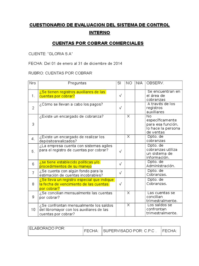 Ejemplo De Cuestionario De Control Interno Ejemplo De Entendimiento