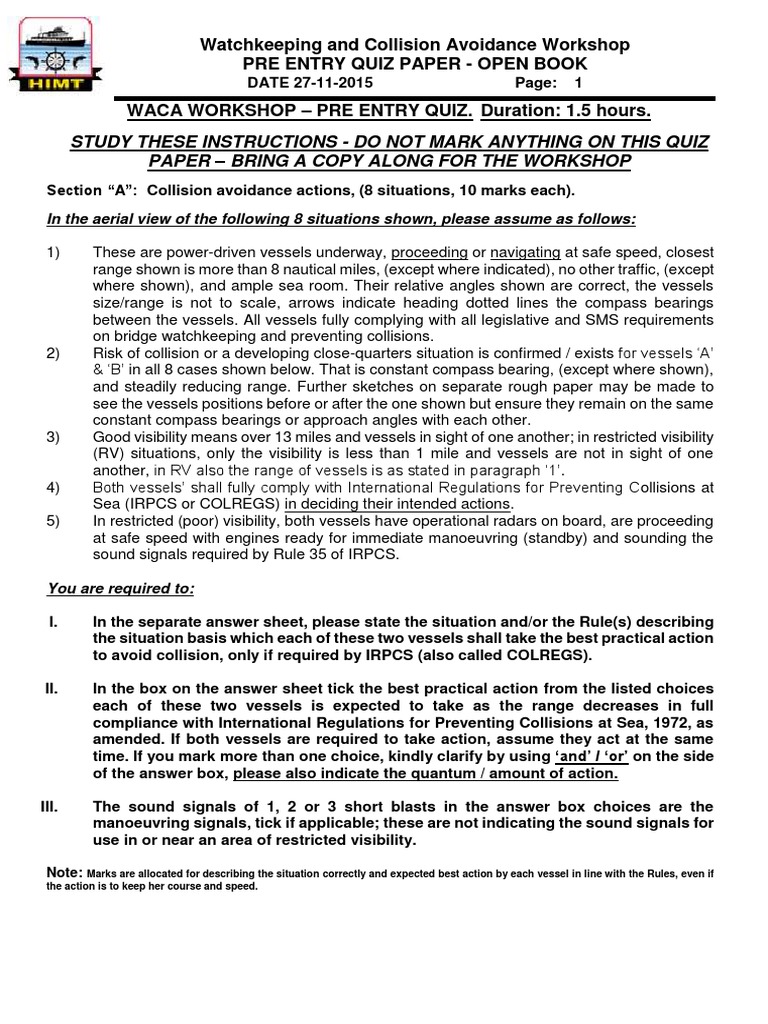 WACA Entry Quiz HIMT 271115 | PDF | Traffic | Ships