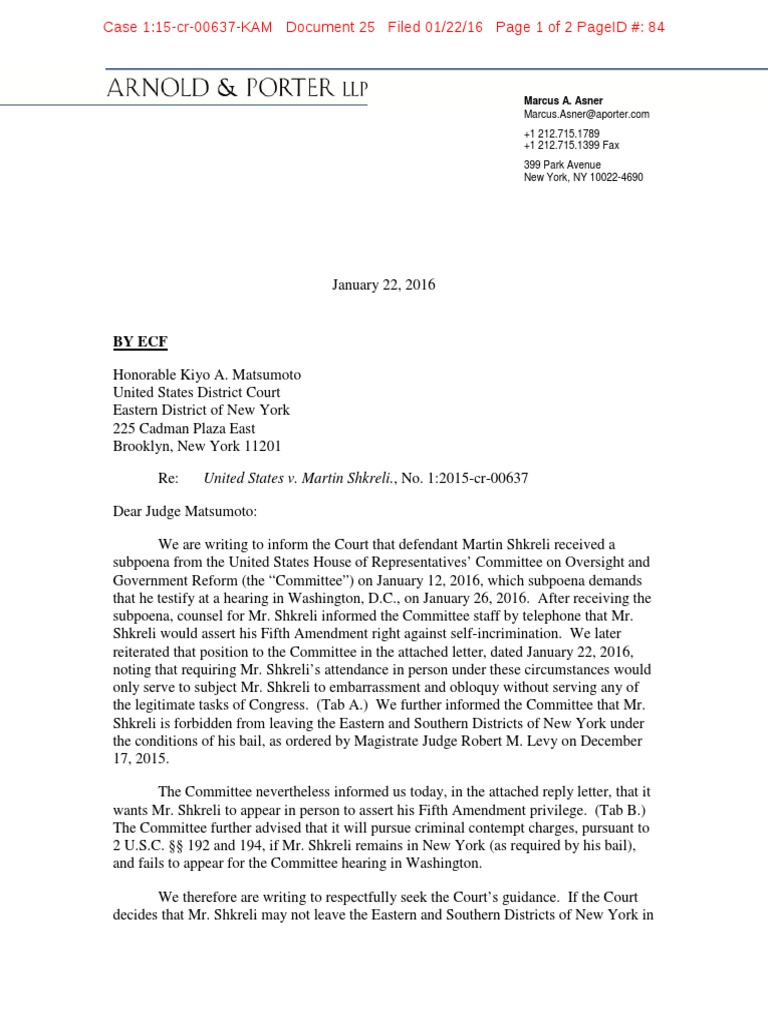 Letter Requesting Quash of Subpoena | Fifth Amendment To The United ...
