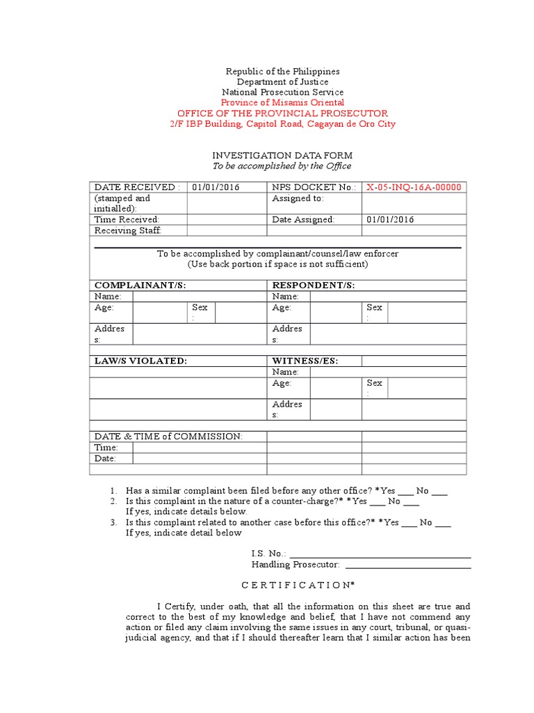 NPS Investigation Form No. 01, S. 2008 | PDF