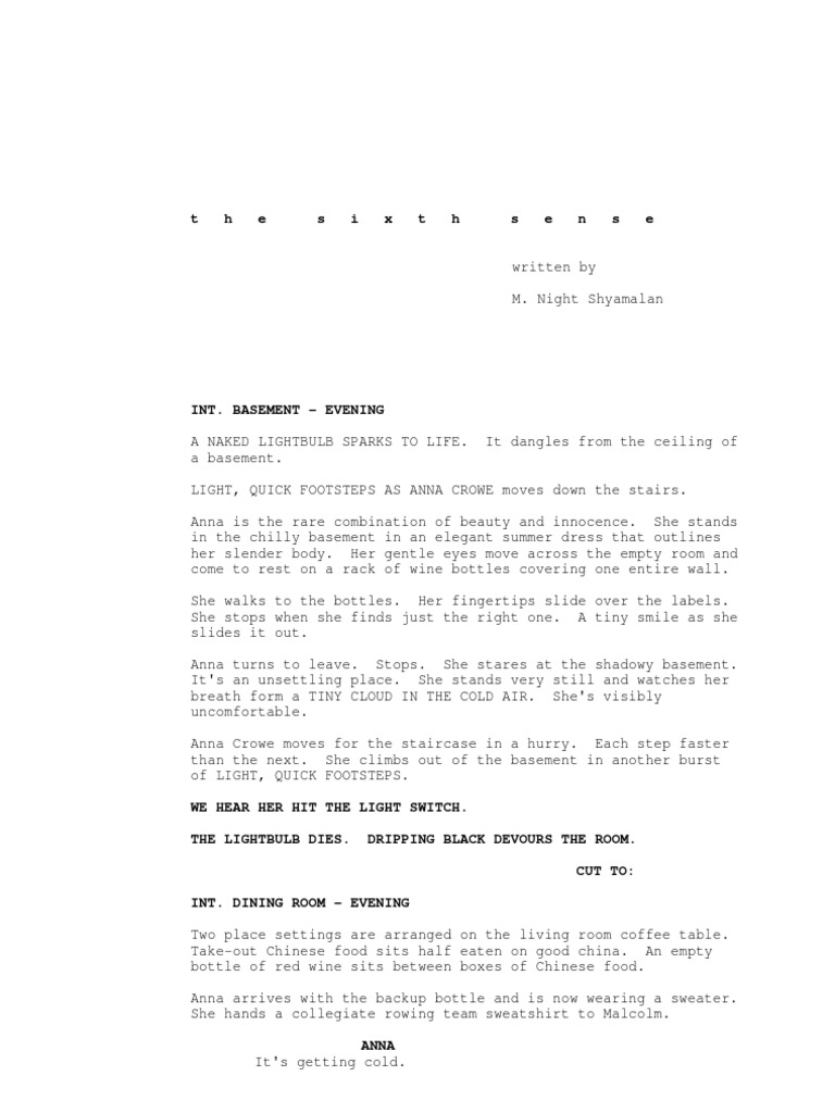 The Sixth Sense Movie Script Written by M. Night Shyamalan | PDF | Leisure