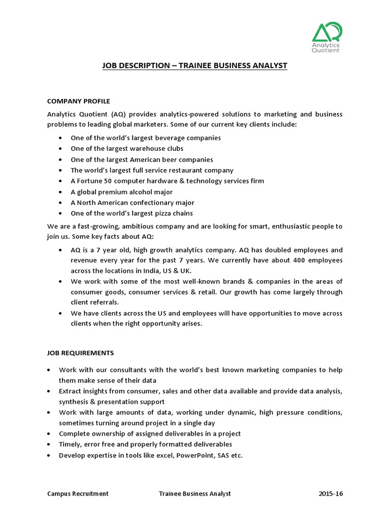 Job Description - Trainee Business Analyst | PDF | Sas (Software ...