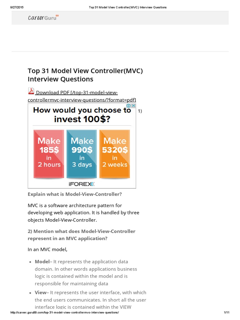 Top 31 Model View Controller (MVC) Interview Questions | PDF | Model–View–Controller | Computer ...