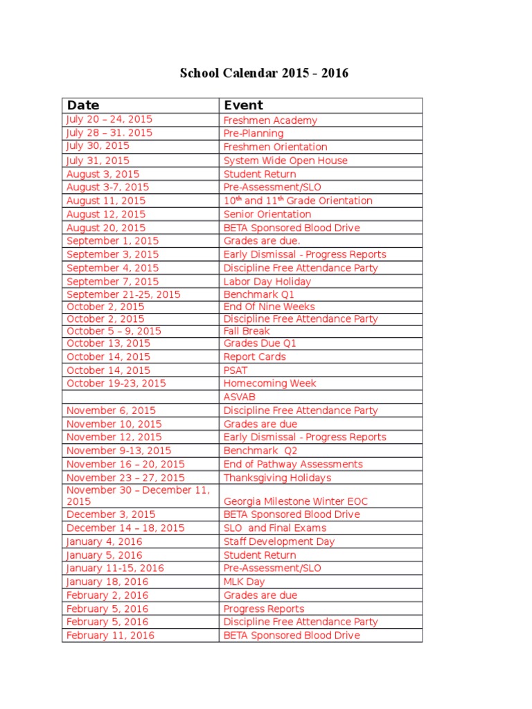 School Calendar 2015-2016 Overview | PDF | Wellness