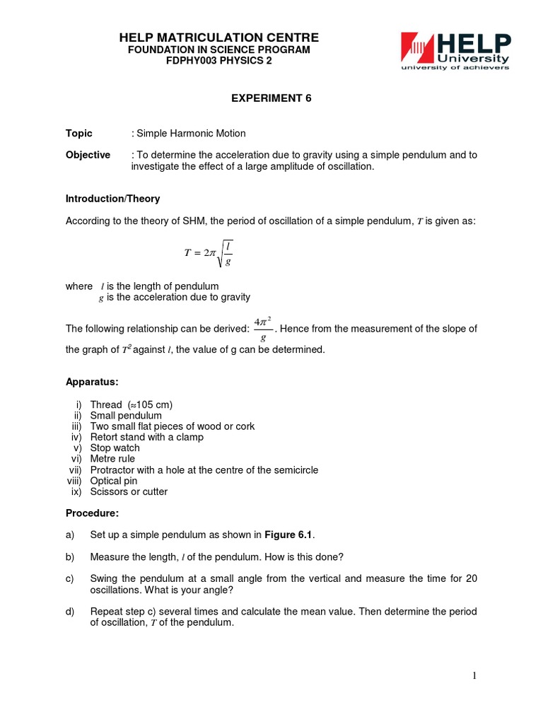 Simple Harmonic Motion Experiment Guide | PDF | Science & Mathematics ...