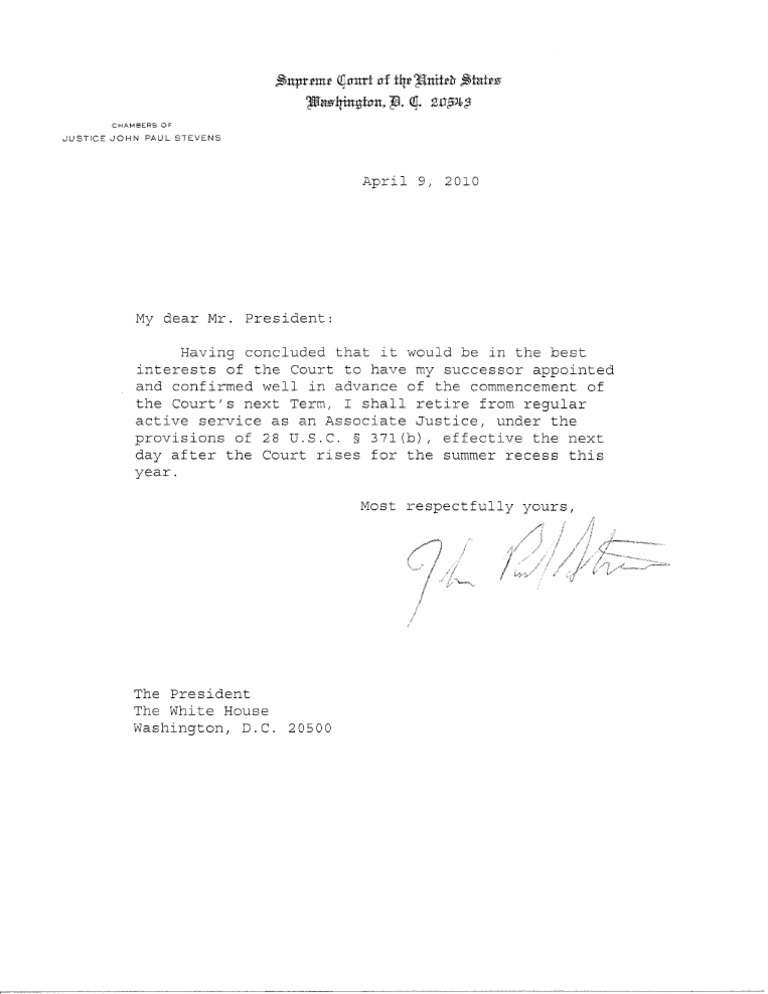 Justice John Paul Stevens' Retirement Letter To President Obama | PDF