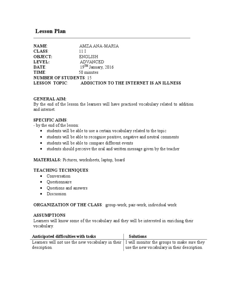 Lesson Plan Internet Addiction | PDF | Vocabulary | Lesson Plan