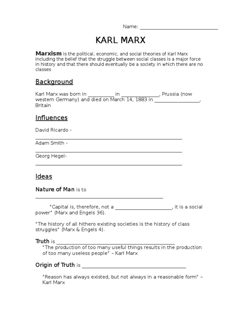 Karl Marx Class Worksheet | PDF