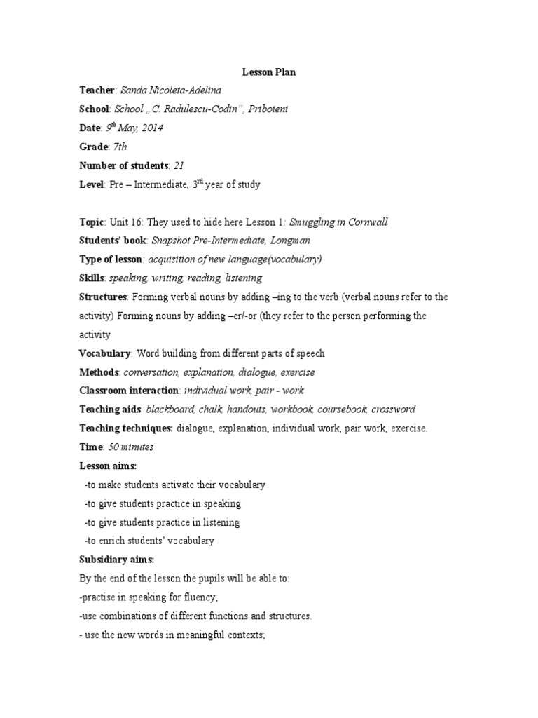 Lesson Plan for Smuggling in Cornwall | PDF | Part Of Speech | Vocabulary