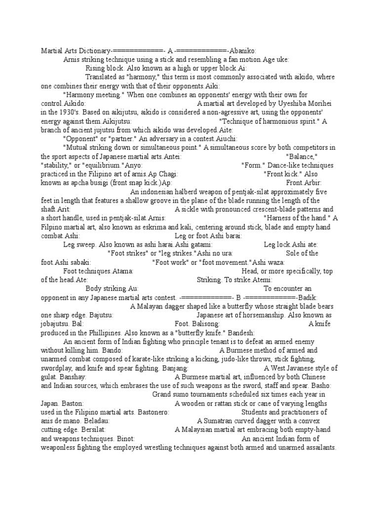 MARTIAL Art Dictionary | PDF | Jujutsu | Japanese Martial Arts