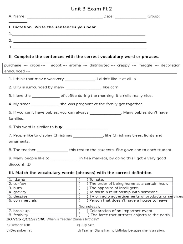 Unit 3 Exam Part 2: Vocabulary & Dictation | PDF