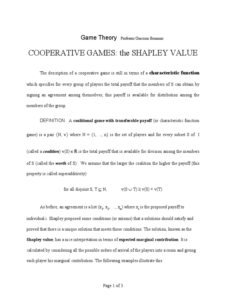 Cooperative Games The Shapley Value Game Theory Download Free Pdf