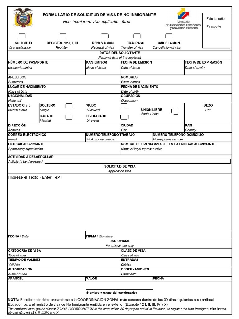 Formulario de Solicitud de Visa Ecuador | PDF