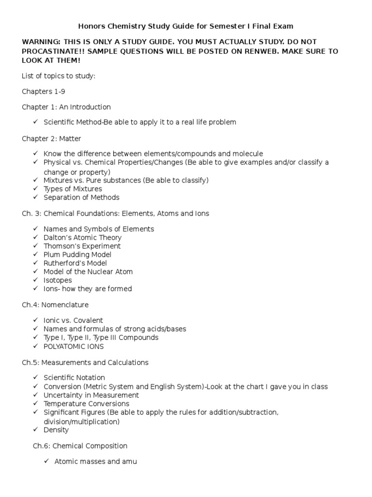 Honors Chemistry Study Guide For Semester I Final Exam | PDF