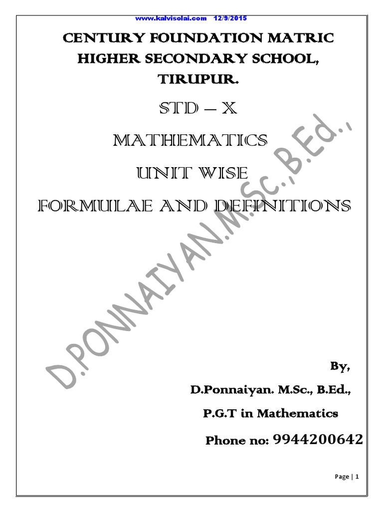 SSLC Maths Formulae | PDF | Matrix (Mathematics) | Function (Mathematics)