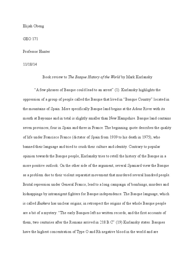 Book Review To The Basque History of The World by Mark Kurlansky | PDF ...