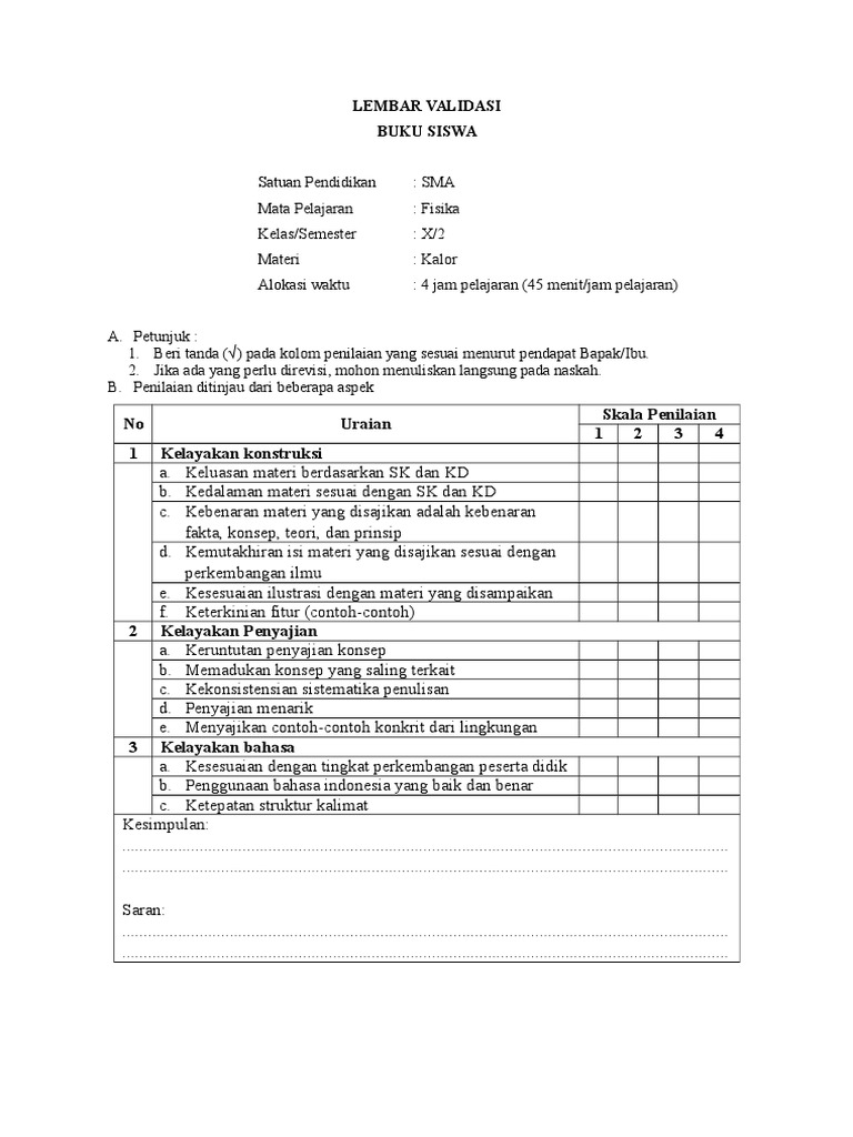 Lembar Validasi Buku Siswa | PDF