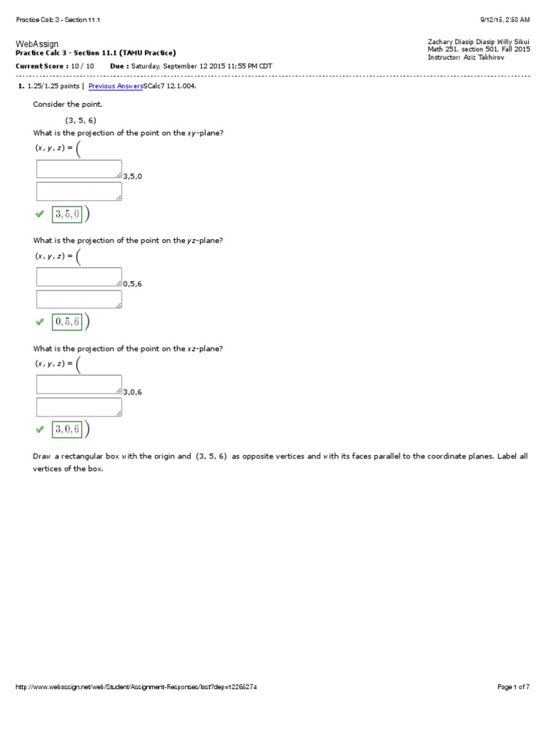 Practice Calc 3 - Section 11.1 | PDF | Cartesian Coordinate System | Sphere