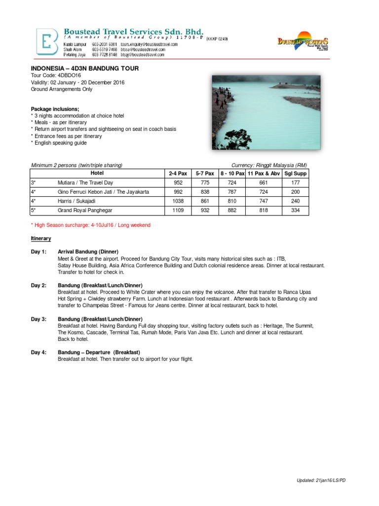 Indonesia - 4d3n Bandung Tour (Jan-Dec16) | PDF | Hotel | Indonesia
