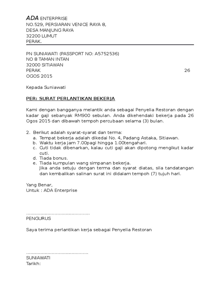 surat perlantikan pekerja - Caroline Gray