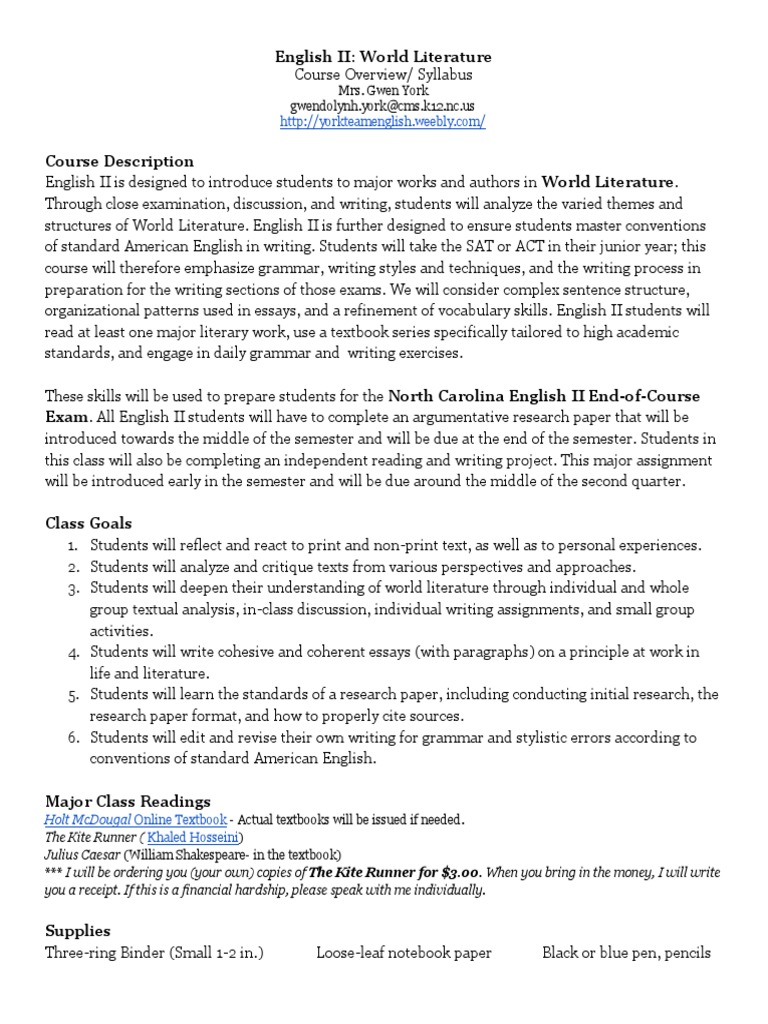 English II: World Lit Syllabus | PDF | Homework | Test (Assessment)