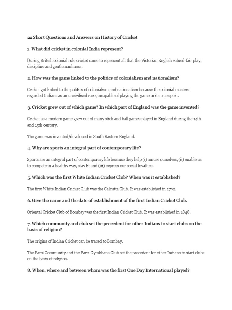 Cricket History: Key Questions & Answers | PDF | Cricket | Bowling ...