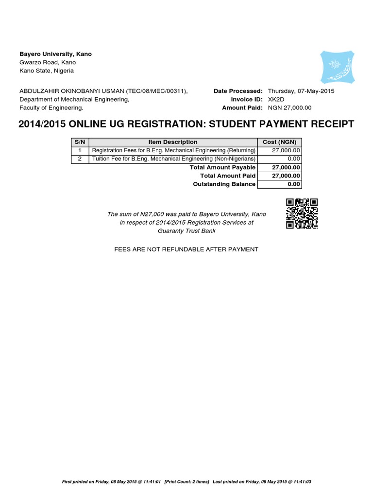 Student Payment Receipt 2015 | PDF | Receipt | Payments