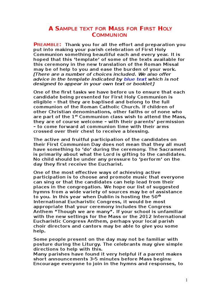 First Holy Communion Mass Text | Mass (Liturgy) | God The Father