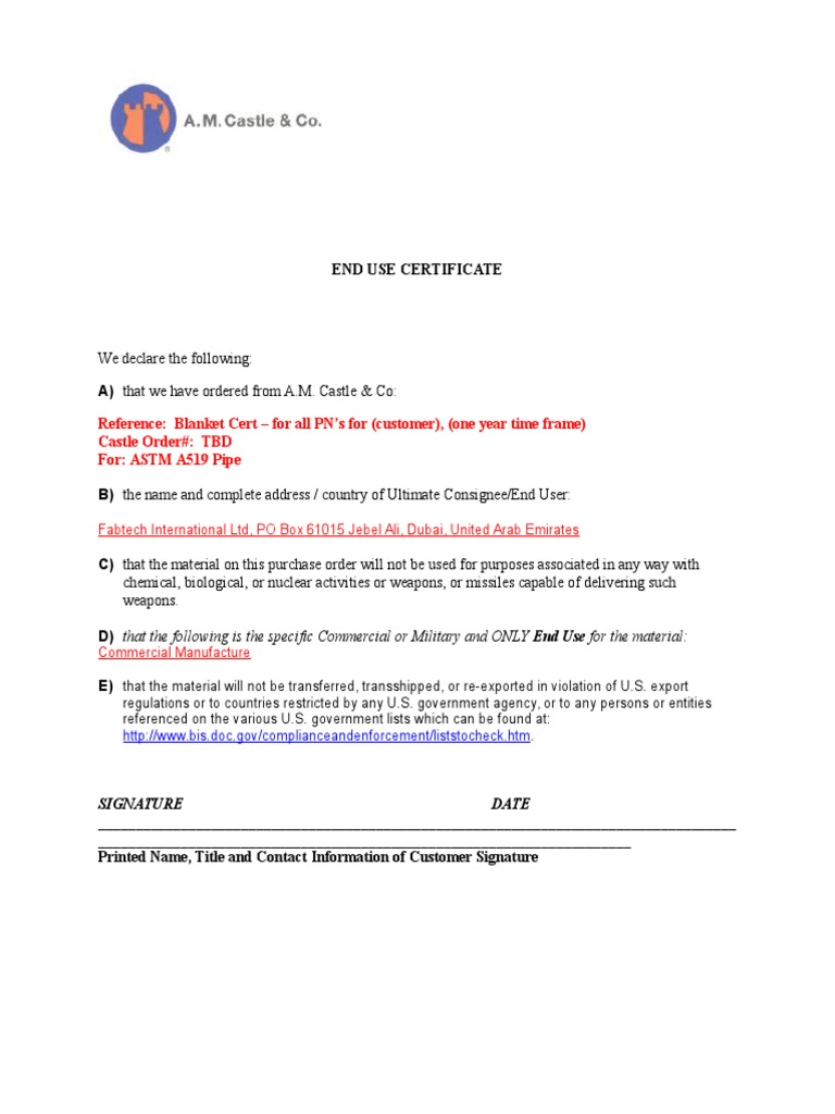 End Use Certificate - Blanket Cert | PDF