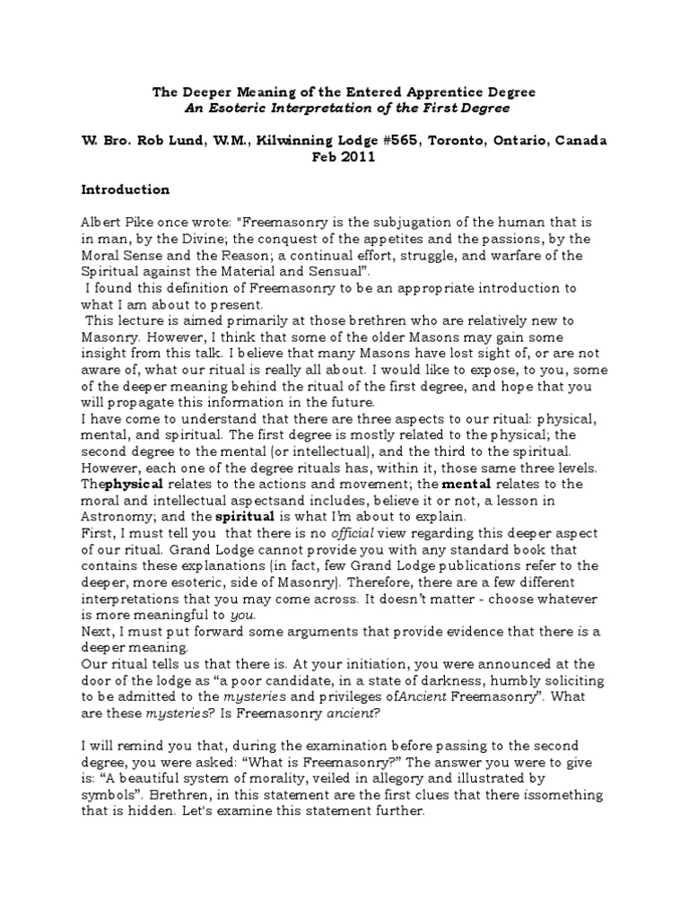 The Deeper Meaning of The Entered Apprentice Degree | PDF | Freemasonry ...