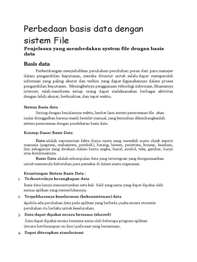 Perbedaan Basis Data Dengan Sistem File | PDF