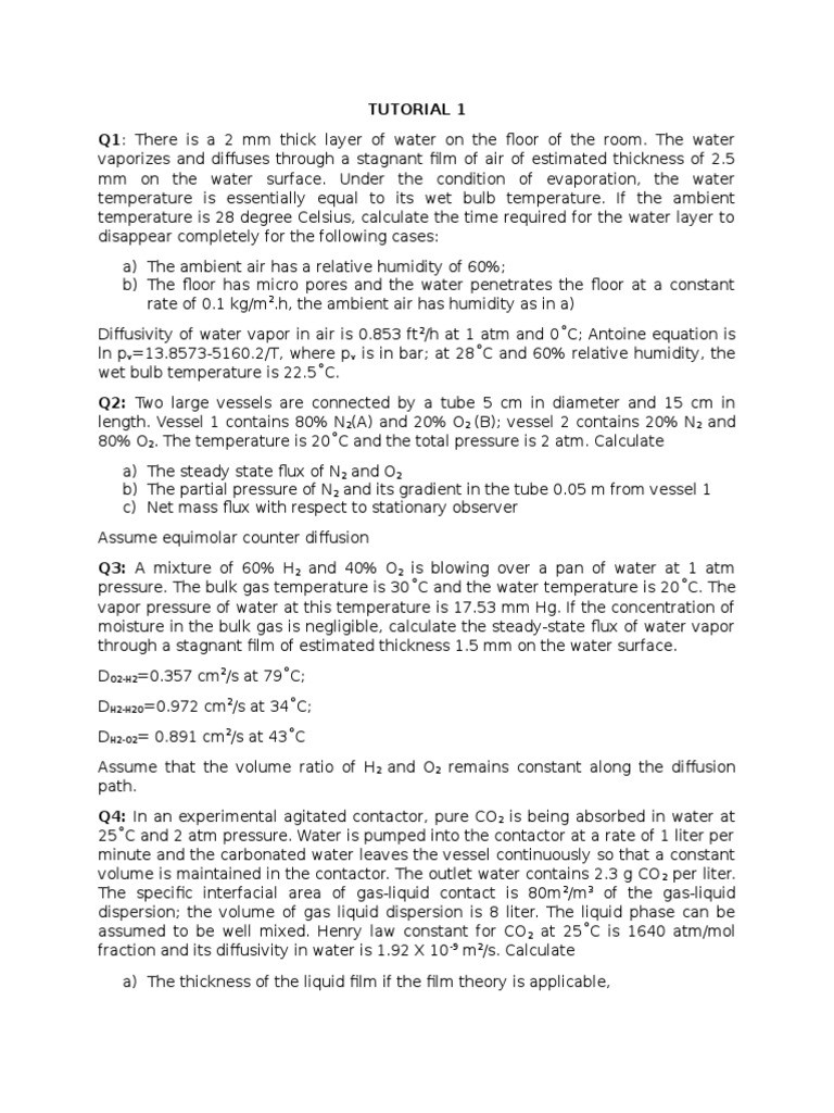 Mass Transfer Tutorial | PDF | Diffusion | Relative Humidity