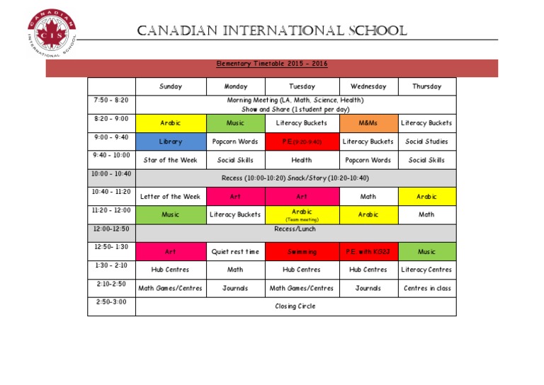 Canadian International School 2015-2016 Timetable | PDF