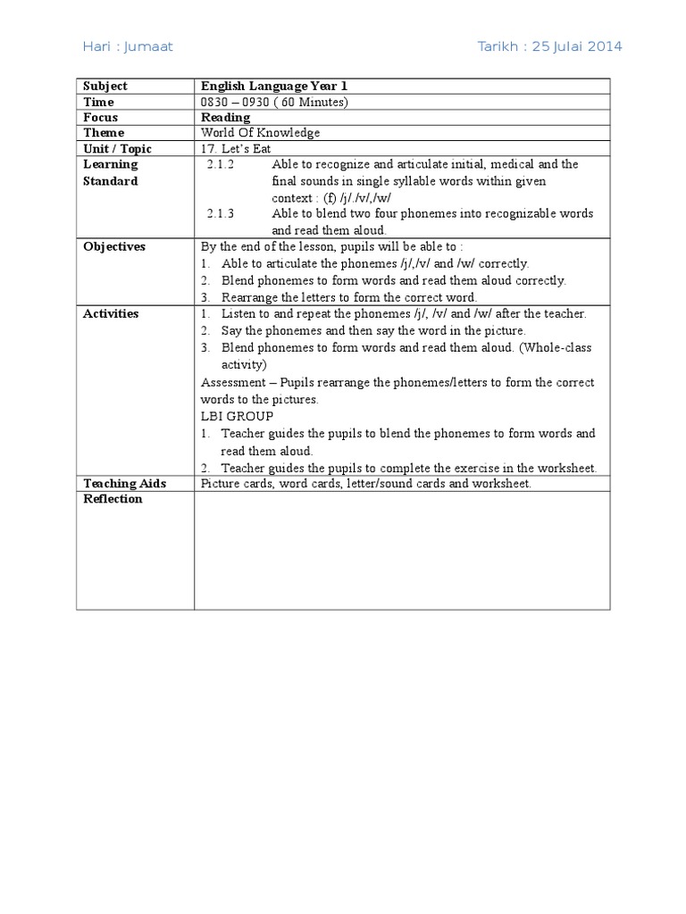 Subject English Language Year 1 Time Focus Reading Theme Unit / Topic ...