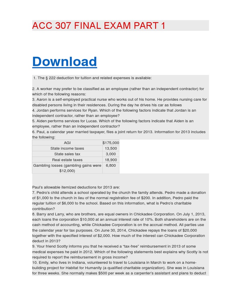 Download: Acc 307 Final Exam Part 1 | PDF | Tax Deduction | Expense