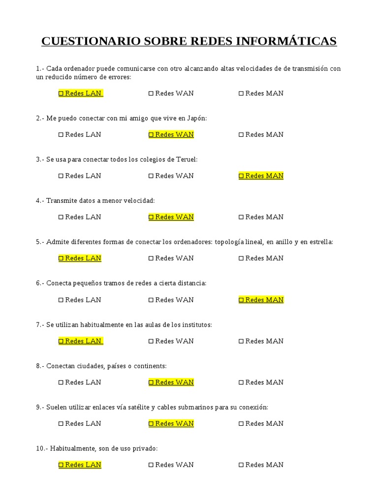 Cuestionario de Redes - Examen | PDF | Topología de la red | Red de área amplia