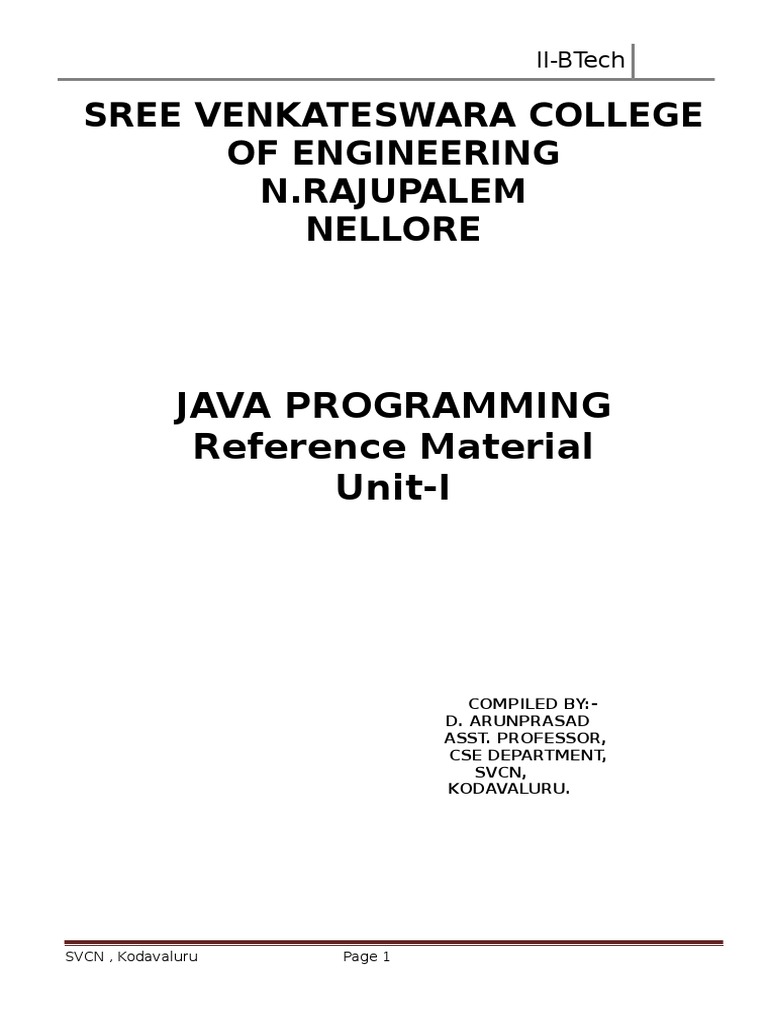 Java Programming Reference Material Unit-I: Sree Venkateswara College ...
